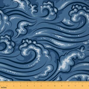 feelyou ocean nautical upholstery fabric by the yard, glitter japanese wave reupholstery fabric for chairs, marine sea wave theme decorative waterproof outdoor fabric, 1 yard, blue