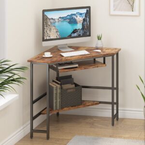 soges Corner Desk for Small Space, Computer Desk with Storage Shelf and Keyboard Tray, Triangle Vanity Desk with Sturdy Metal Frame, Compact Home Office Table, Rustic Brown