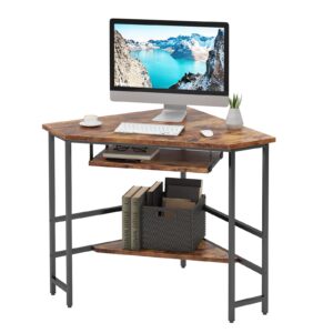 soges Corner Desk for Small Space, Computer Desk with Storage Shelf and Keyboard Tray, Triangle Vanity Desk with Sturdy Metal Frame, Compact Home Office Table, Rustic Brown