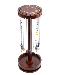 ceiner moon phase pendulum display stand with tray, wood wiccan rotating crystal holder for up 16 divination dowsing pendulums, witch organizer for necklace healing stone gift rack