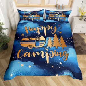 castle fairy happy camping queen size duvet cover for teens youth,starry galaxy dreaming comforter cover with 2 pillow shams,gold rv trailer painting bedding set ultra soft microfiber breathable