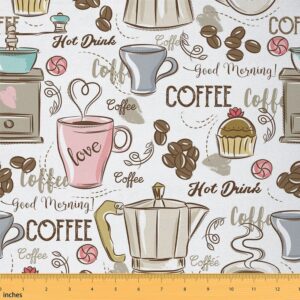 feelyou coffee time fabric by the yard, cupcakes beans design upholstery fabric, vintage espresso machine decorative fabric for home diy projects, waterproof fabric, 1 yard, pink beige