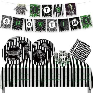 cailess horror birthday decorations - horror party supplies 70 piece classic horror themed plate cup napkins and stripe tablecloth service 16 guests for halloween party decorations