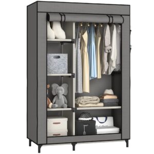 buzowruil canvas wardrobe portable closet wardrobe clothes storage with 6 shelves and hanging rail,non-woven fabric, quick and easy assembly,grey