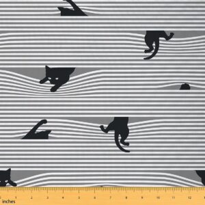 feelyou cute cat fabric by the yard, funny kitten stripe lines upholstery fabric, playing cats cat lover outdoor fabric, reupholstery fabric for chairs, 2 yards, gray black