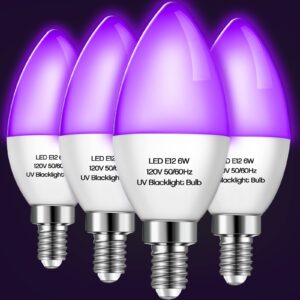 qualirey 4 pieces led black light bulb 6w e12 base blacklight candle bulb glow in the dark party level 395-400 nm halloween black lights for home stage dj disco, body paint, neon fluorescent poster