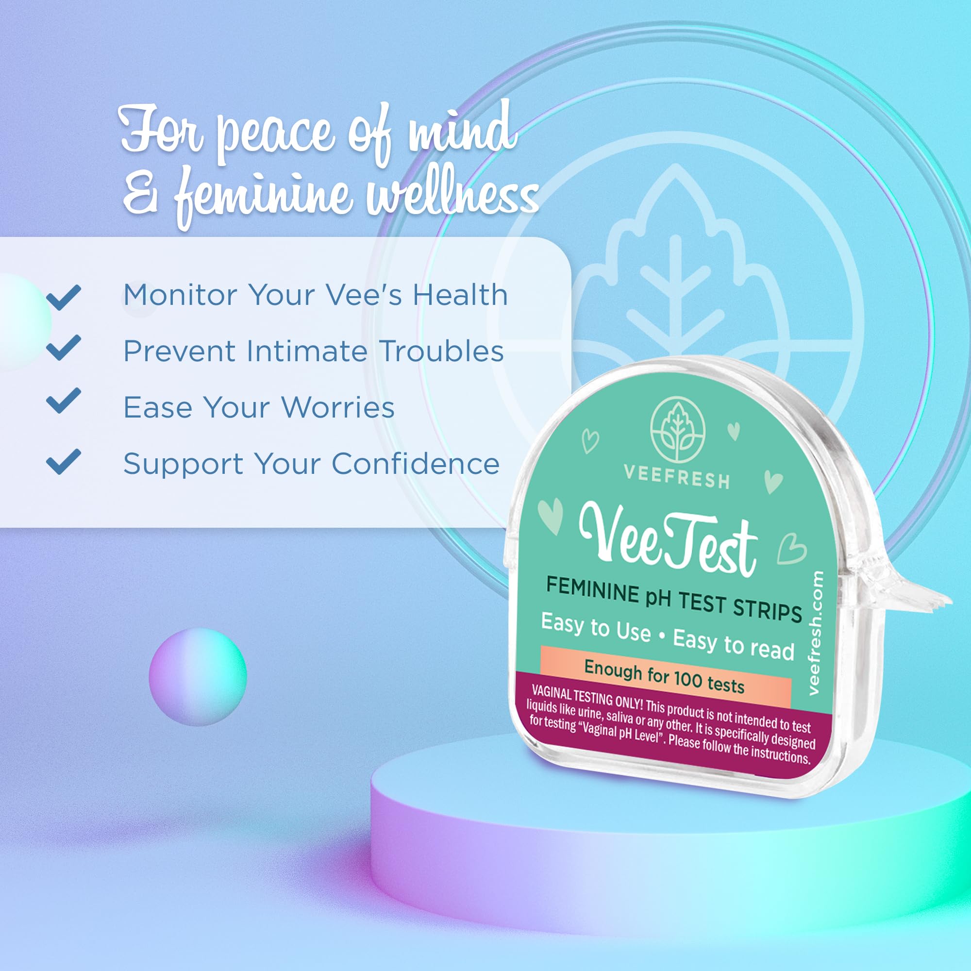 VeeFresh VeeTest Vaginal pH Test Strips - 100-Piece Accurate and Easy to Use pH Balance Test Strips for Women, Compact and Discreet Vaginal pH Tester for Feminine Health Monitoring