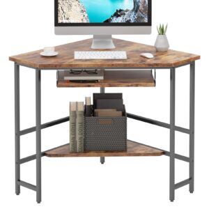 soges corner desk for small space, computer desk with storage shelf and keyboard tray, triangle vanity desk with sturdy metal frame, compact home office table, rustic brown