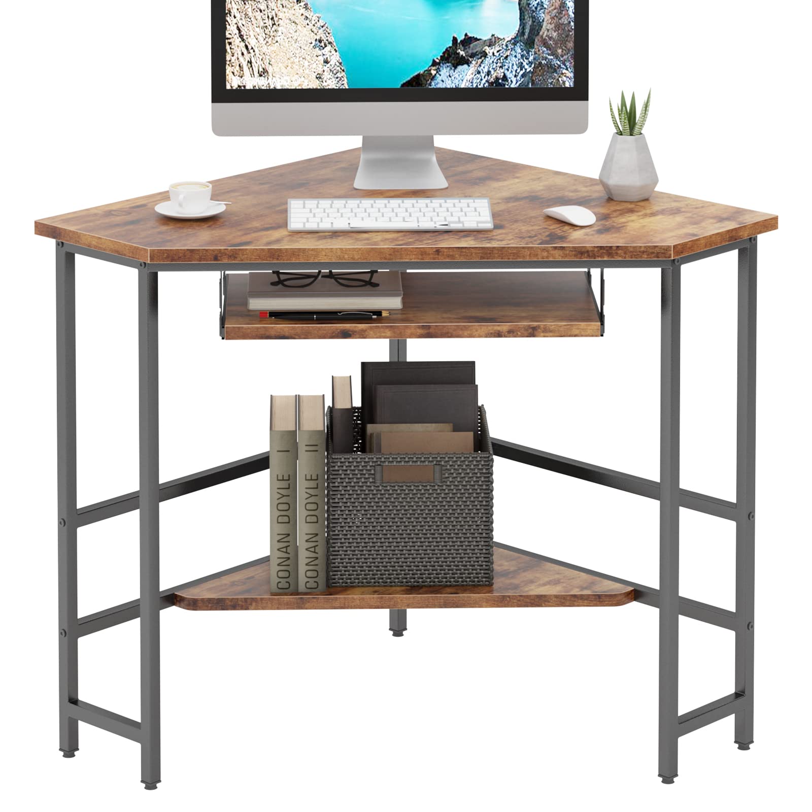 soges Corner Desk for Small Space, Computer Desk with Storage Shelf and Keyboard Tray, Triangle Vanity Desk with Sturdy Metal Frame, Compact Home Office Table, Rustic Brown