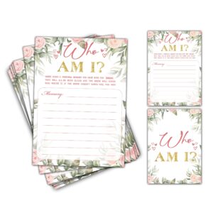 bridal shower games - who am i wedding party game - boho floral greenery bachelorette/engagement party supplies activities - pack of 30 game cards (a14)