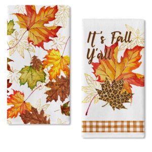 seliem it’s fall y’all maple leaves kitchen dish towel set of 2, watercolor thanksgiving leopard leaf fingertip towel hand drying baking cooking cloth, autumn seasonal home farmhouse decoration 18x26