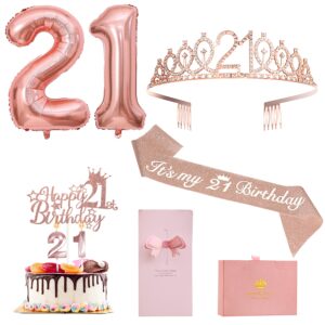 21st birthday decorations for her zjdztk,including rose gold 21st birthday sash,crown,cake topper,digital candles,balloons set,accompanying birthday card and beautiful gift box