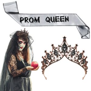 yinkin halloween black zombie prom queen crowns and zombie prom queen satin sash, baroque crowns tiaras prom queen party sash for halloween cosplay party