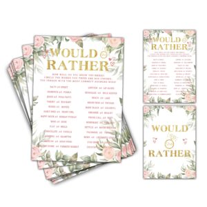 bridal shower games - would she rather wedding party game - boho floral greenery bachelorette/engagement party supplies activities - pack of 30 game cards (a10)