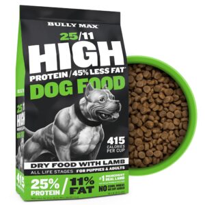 bully max 25/11 high protein & low fat dry lamb dog food for puppies and adult dogs - chicken-free lamb flavor - natural puppy food for all ages, small and large breeds - large kibble size, 5 lb. bag