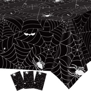 halloween tablecloth 3pcs black spider web tablecloth halloween party decorations supplies rectangular spider cobweb plastic table cover for halloween baby shower, birthday decorations - 54" x 108"