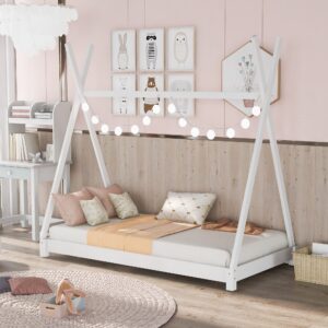 merax twin wood teepee bed cute tent platform bed for kids boys girls,no box spring needed,easy assemble (twin,white)