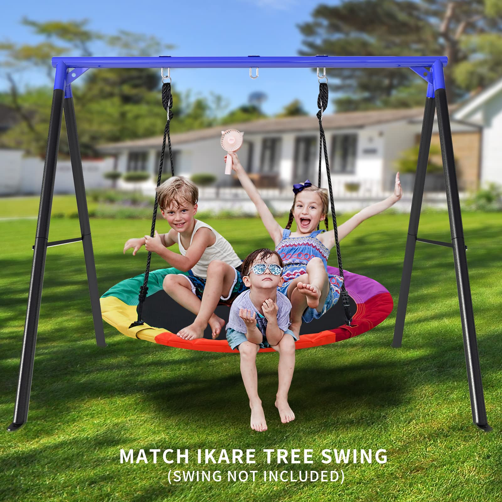 IKARE Upgraded Heavy Duty Metal Swing Frame with Ground Nails, Swing Stand for 440lbs Load Capacity, Fits for Most Swings, Great for Indoor and Outdoor Activities (Blue & Black)