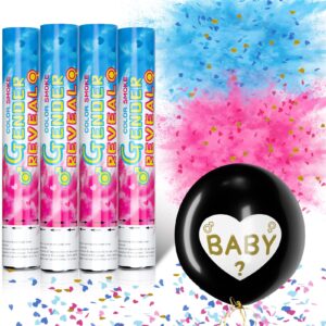 gender reveal powder confetti cannon and confetti balloon-100% safe biodegradable boy or girl confetti smoke cannons- baby shower poppers party ideas and supplies (2 pink, 2 blue and 36'' balloon)