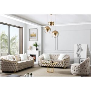 beyan bursa cream living room set, sofa & loveseat, mid-century modern style, tufted button, includes 3 & 2 pillows, 91" & 84", cream