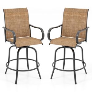 tangkula outdoor swivel bar stools set of 2, bar height tall patio chairs with armrests & high back, cozy footrest & solid metal support, high top bar chairs for backyard, balcony, poolside (1, brown)