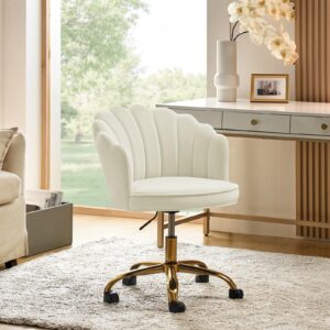 hulala home velvet home office chair with gold base, womans modern cute shell back upholstered desk chair for vanity, adjustable swivel task chair for living room, ivory chair for desk