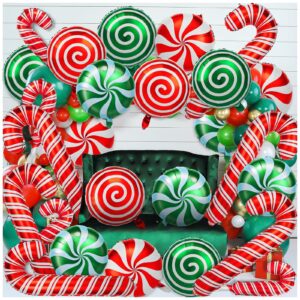 36 pcs christmas candy balloons kit, large cane swirl candy foil balloons with 2 pcs ribbons, red green mylar sweet candies theme balloons