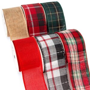 ribbli 6 rolls christmas wired ribbon,natural red burlap/buffalo plaid/red and green plaid ribbon,2 inch total 30 yard, christmas ribbon for crafts, big bow,gift wrapping, wreath, tree decoration