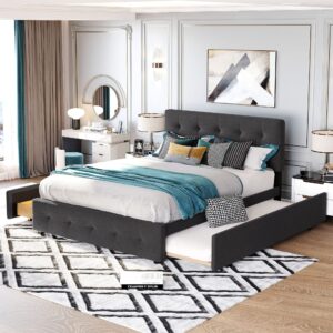 meritline queen size bed with 2 storage drawers and a twin xl trundle, upholstered platform queen bed frame with tufted headboard, linen fabric, no box spring needed (dark gray)