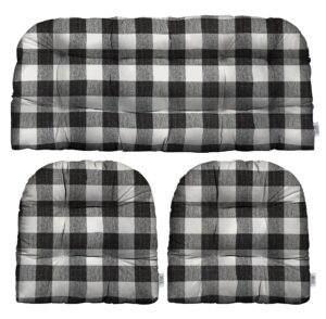 rsh decor: 3-piece wicker tufted cushion set | 41” x 19" & 19" x 19" | all-weather spun fabric | water resistant | outdoor loveseat & u-shape cushions for patio furniture | black buffalo plaid