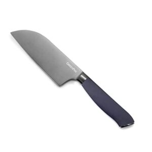 greenpan titanium 5" santoku knife, titanium coated, stainless steel, eco-friendly, ergonomic grip, slip resistant, balanced, heat treated, hand sharpened, dishwasher safe