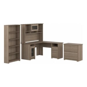 bush furniture l shaped desk with hutch, 5 shelf bookcase and lateral file cabinet | cabot collection corner computer table with storage and bookshelf | 60wx23dx37w