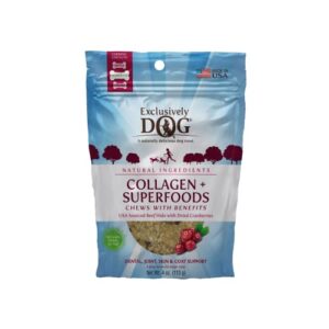 exclusively dog collagen + superfood chew usa-sourced, grass-fed beef hide with dried cranberries natural dental, joint skin & coat support