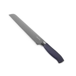 greenpan titanium 8" bread knife, titanium coated, stainless steel, eco-friendly, ergonomic grip, slip resistant, balanced, heat treated, hand sharpened, dishwasher safe