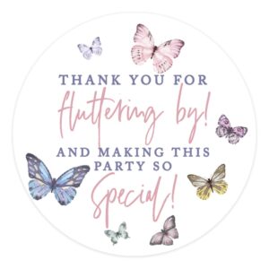 andaz press kids party favor thank you stickers, thank you for fluttering by 80-pack 2-inch round butterfly birthday sticker labels for baby shower 1st birthday party favors, gift bags, girls