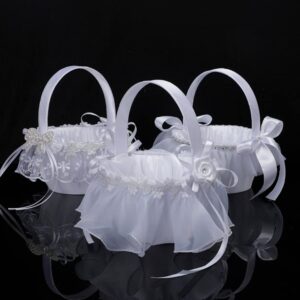 White Wedding Flower Basket Wedding Party Romantic Decoration Bridal Flower Basket Bridesmaid Children Portable Flower Basket(E)