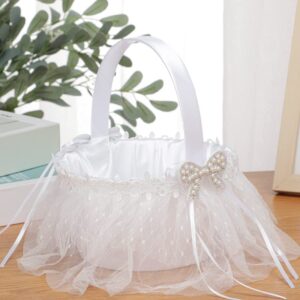 White Wedding Flower Basket Wedding Party Romantic Decoration Bridal Flower Basket Bridesmaid Children Portable Flower Basket(E)