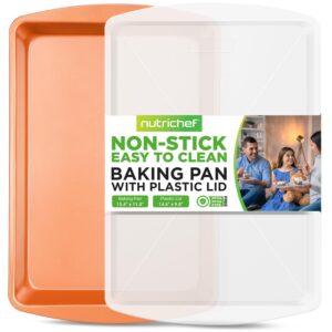 nutrichef non-stick baking pan w/lid - heavy duty carbon steel bake tray for roasting & baking - premium multi-layer nonstick coating, ptfe, pfos, pfoa free - 15" x 11", copper