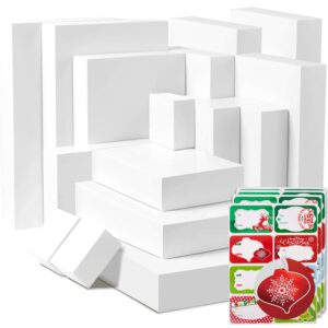 24 white gift wrap boxes with lids for wrapping large clothes and 80 count foil christmas tag stickers (assorted size for wrapping robes, sweater, coat, shirts and clothes xmas holiday present)