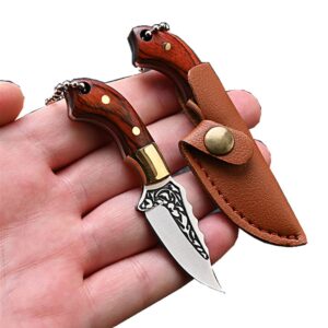 szhoworld ultra small fixed blade knife, 1.57 inch 5cr stainless steel blade with brass+colored wood handle, mini knife/box cutter with leather sheath for edc gift collection cutting