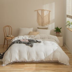 moowoo boho chic bedding twin size,2 pc white tufted tassel duvet cover set,aesthetic bedding,solid,soft and breathable with zipper closure & corner ties