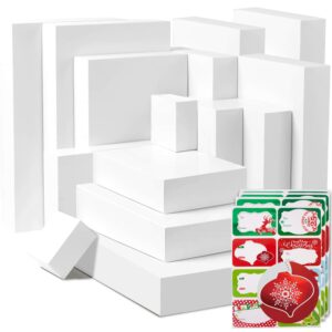 12 white gift wrap boxes with lids for wrapping large clothes and 80 count foil christmas tag stickers (assorted size for wrapping robes, sweater, coat, shirts and clothes xmas holiday present)