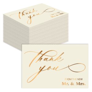 better office products 50 pack wedding thank you cards in metallic gold with envelopes, thank you from the new mr and mrs, 4 x 6 inch, blank cards, 50 count boxed set