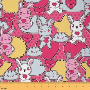 feelyou cartoon rabbits fabric by the yard, cute pink bunnies kids theme illustration fabric for chairs and home diy projects, heart and clouds pattern decorative waterproof fabric, 1 yard