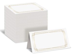 better office products 100 pack place cards, 2 x 3.5 in, white with modern metallic gold geometric border, folded table tent cards for weddings, dinner parties, buffet banquets,(100 count)