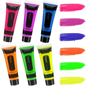 boobeen face & body paint neon fluorescent glow water based face painting kit uv glow water activated body paint, in dark party supplies, set of 6 tubes