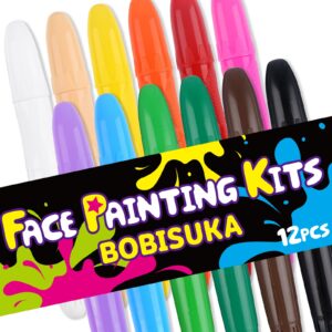 bobisuka face body paint sticks kit, 12 color water based face painting crayon set for art theater halloween party cosplay clown sfx makeup for women adults, non-toxic washable