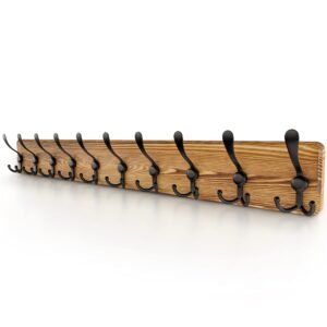 sayoneyes rustic coat rack wall mount, 38.6 inch long solid pine brown wood wall rack, coat hanger wall mounted with 10 heavy duty tri hooks for hanging coat, towels, hat, jacket - 1 pack