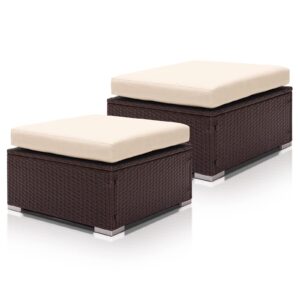 nicesoul modern luxury all-weather outdoor wicker ottoman set of 2 fine brown pe rattan alloy steel frame footrest wide deep seat 2 pieces foot stools with thicken cushions for indoor outdoor patio