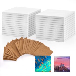 coymos 24 pcs ceramic tiles for crafts ceramic coasters for crafts blank white unglazed ceramic tile for painting, alcohol ink, acrylic pouring - diy coaster - cork backing pads included (4x4 inch)